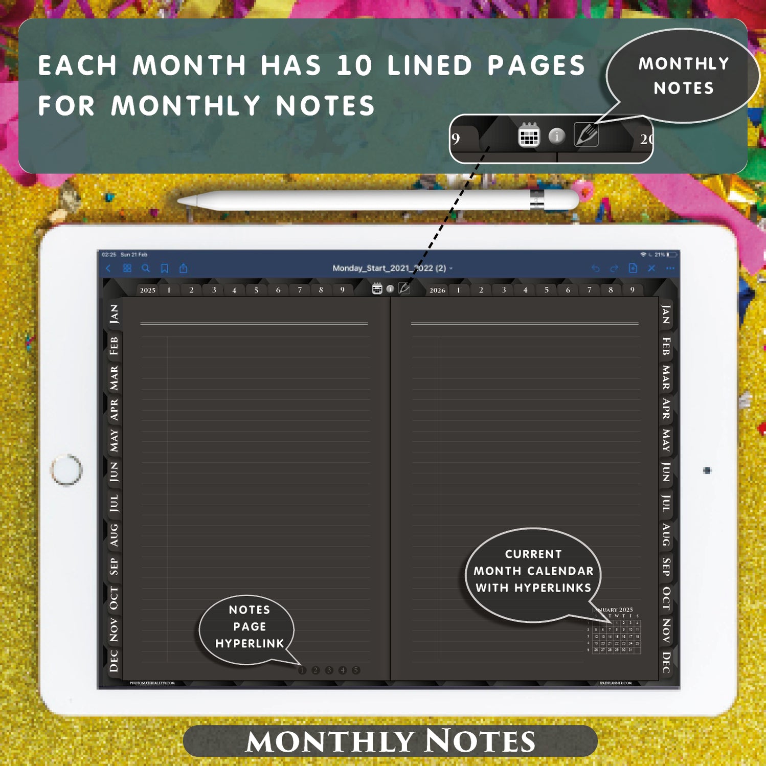 Black Digital Planner for GoodNotes, Noteshelf and Notability 2025 202 ...
