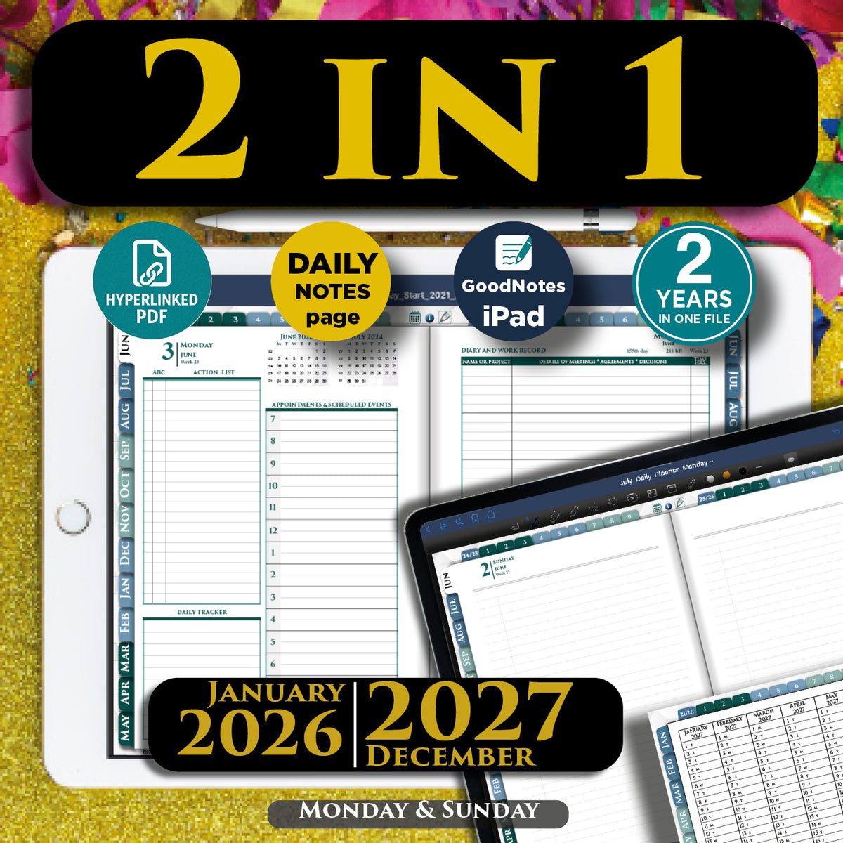 Digital Daily Planner with additional day notes pages for 2026 - 2027 ...